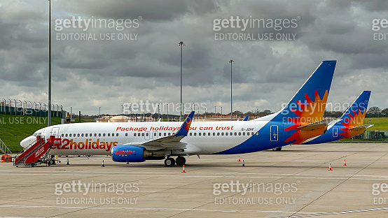 Tail fins of holiday jets operated by Jet2 out of Birmingham airport ...