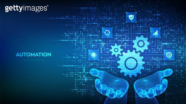 Automation Software Gears Icon Made With Binary Code In Hands Iot And Automation Icons