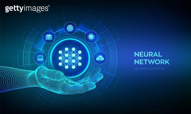 Neural network icon in wireframe hand. AI. Artificial Intelligence. Machine Learning. Deep ...