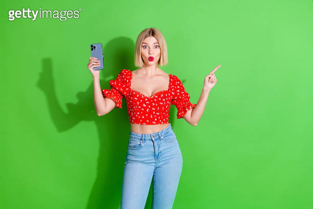 Photo of funny lovely cute woman wear red stylish clothes introduce ...