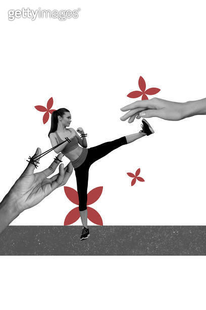 Vertical photo collage of hands manipulate sportive girl taekwondo kick ...