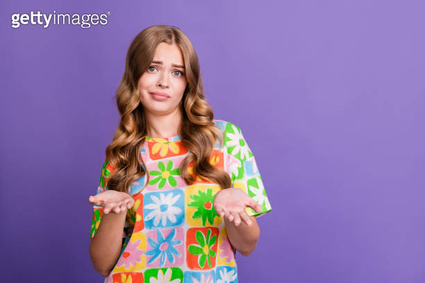 Portrait of clueless guilty confused girl with curly hairdo dressed ...
