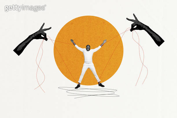 Composite photo collage of panic american man handcuffs rope marionette ...