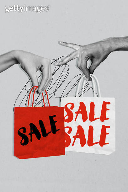 Vertical photo collage of hands hold bags purchase black friday ...