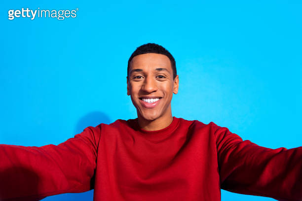 Portrait of positive friendly person beaming smile make selfie ...