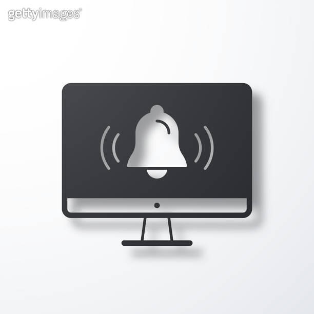 Desktop computer with ringing bell - Notification. Icon with shadow on ...