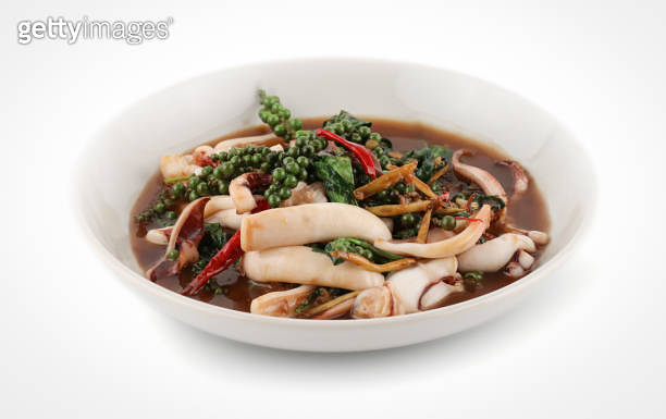 Seafood Padcha a Thai stir frying dish cooked with several herbs ...