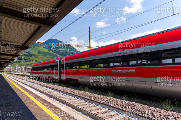 Railway station platform with Italian high speed train named ...