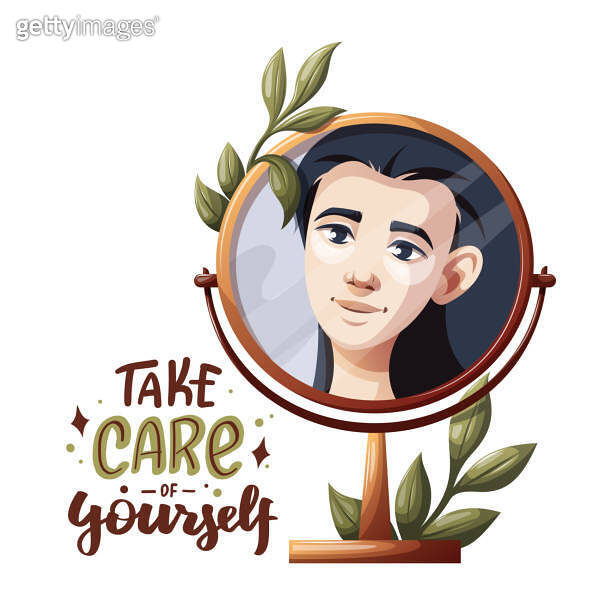 Card design with woman in the mirror reflection. Beauty, skin care ...