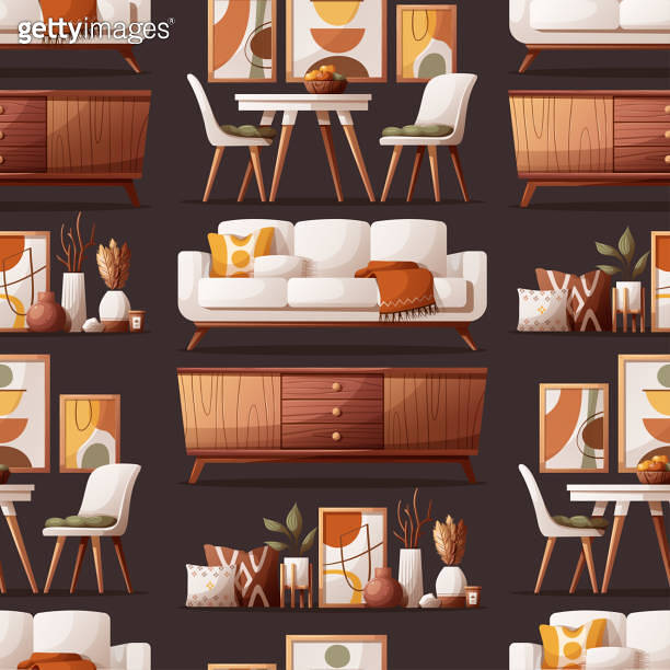 Seamless pattern design with cozy white sofa, wooden tv stand, dining ...