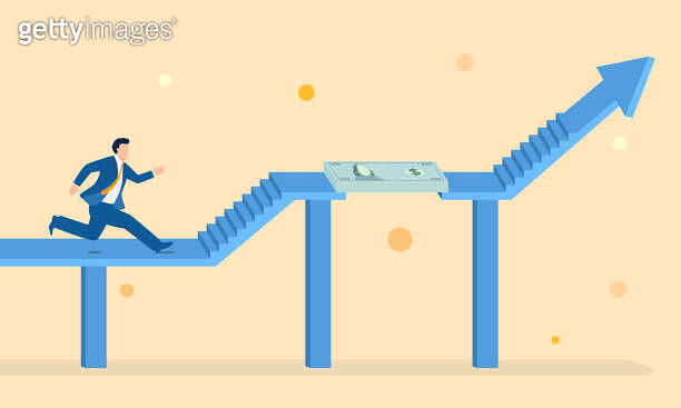 Man crossing a bridge made of money, symbolizing bridge loan, vector ...