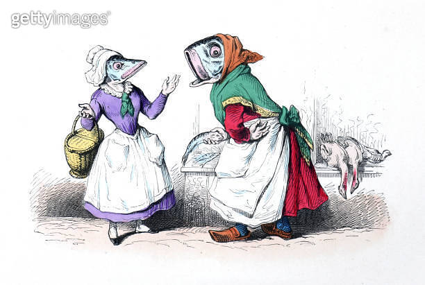 Anthropomorphic fish. humanized fish. fish ladies at the fish market ...