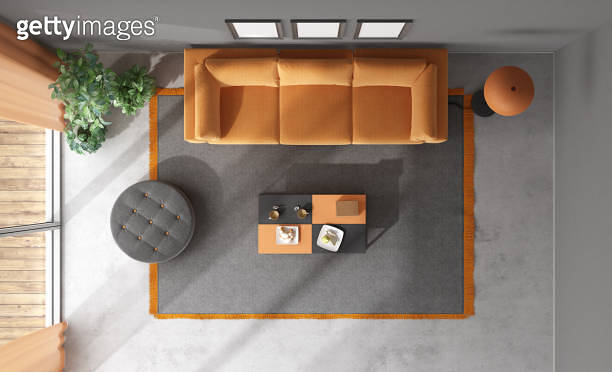 Modern living room interior from above with orange sofa (2148697260 ...