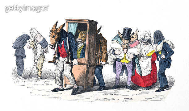 Anthropomorphic animals. humanized donkey. Donkeys lugging cargo ...