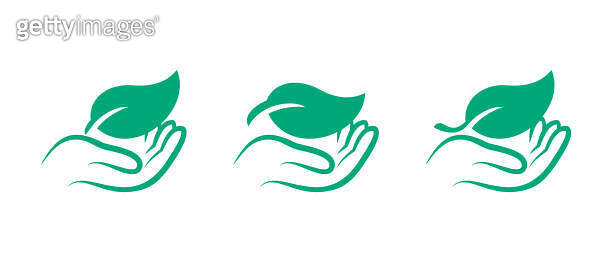 Green leaf and hand icon for eco and organic bio package label, vector ...