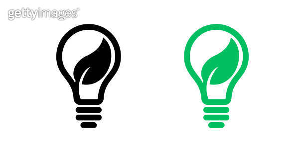 Lightbulb and leaf icons for green energy and eco environment, vector ...