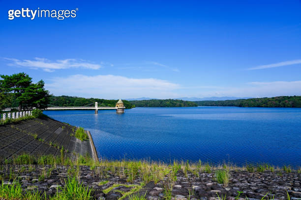 The beautiful water intake tower of the Yamaguchi Reservoir, also known ...