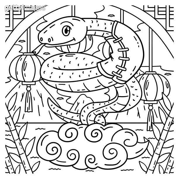 Year of the Snake on Clouds Coloring Page for Kids 이미지 (2160573916 ...