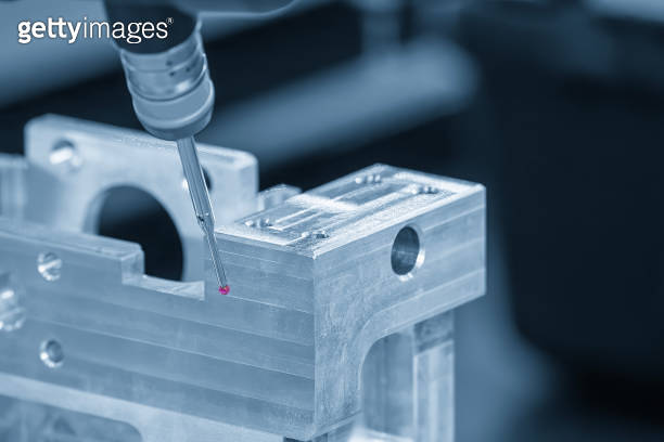 Closeup scene the multi-axis CMM machine measuring the aluminum ...