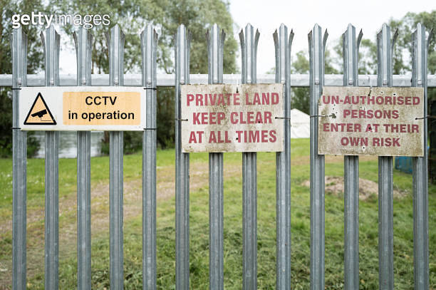 3 Warning signs seen on the entrance to a private camping and fishing ...