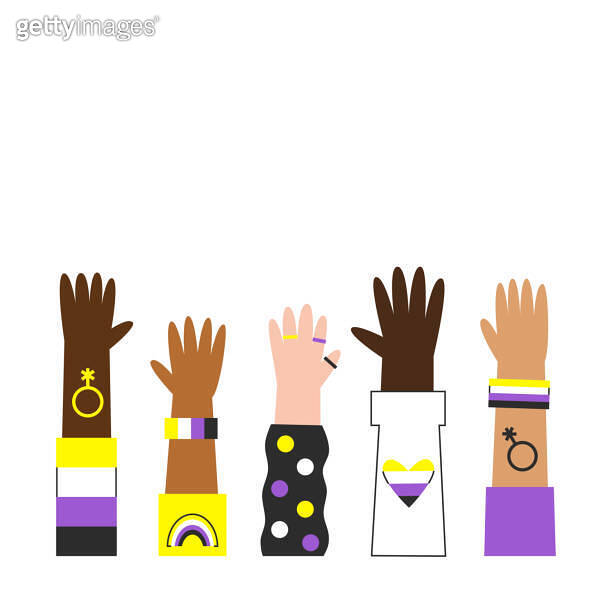 Non-binary pride flyer card. Diverse white and bipoc raised hands with ...
