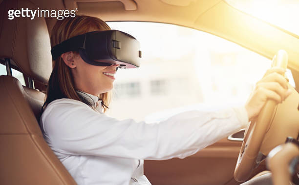 VR, car and drive for woman in care, glasses and metaverse for ...