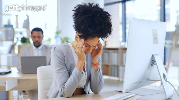 Stress, headache and business woman with computer in office with ...
