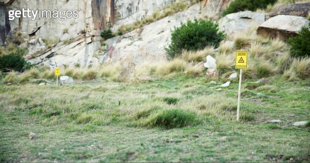 Field, sign and warning for hazard, outdoor and industrial pollution ...