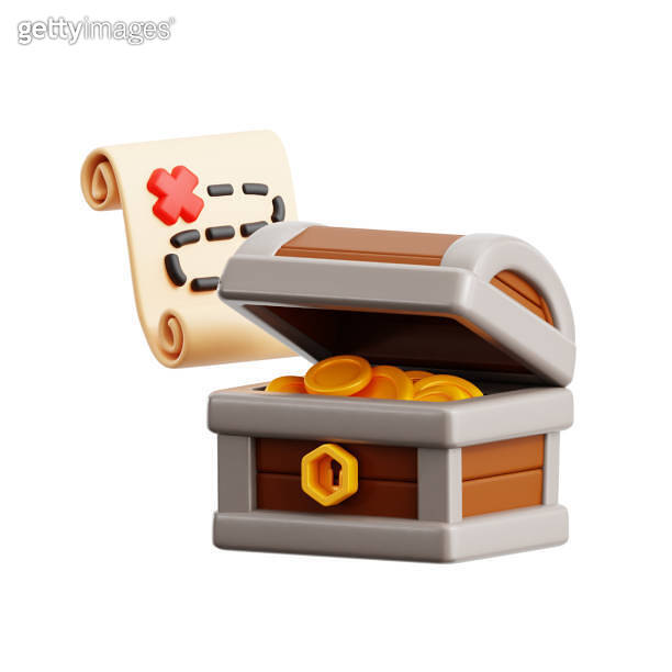 open treasure chest map location guide paper scroll game ui assets 3d ...