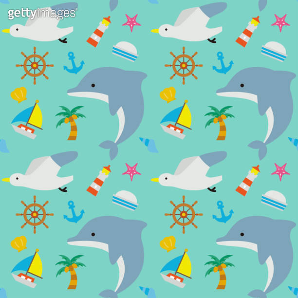 Summer material: cute seamless pattern with dolphins and seagulls ...