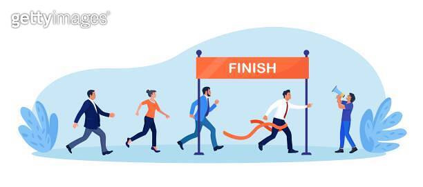 Businessmen run race crossing finish line. Team leader finish first ...