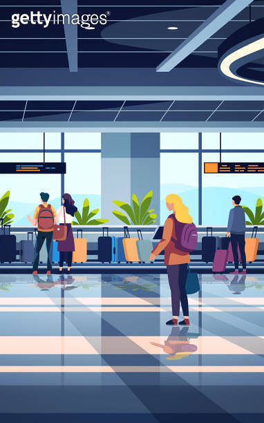 passengers with luggage in arrival waiting room or departure lounge ...