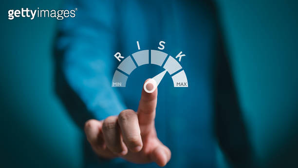 Risk management, businessman shows risk level indicator rating from min ...