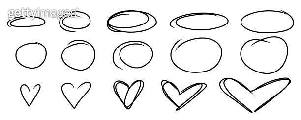 Hand drawn oval and heart. Highlight oval marker frames line set. Hand ...