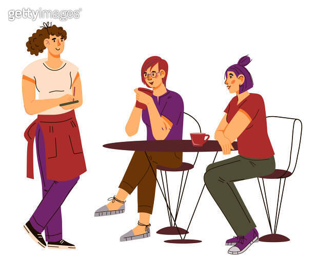 Waitress serving coffee to customers in a coffee shop, flat vector ...