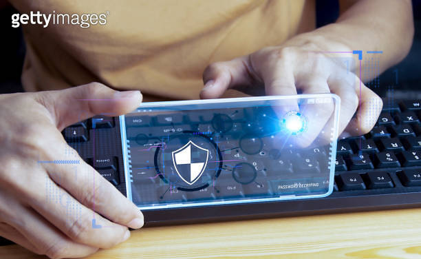 Keypad, cyber shield, lock, technology security system. Digital link ...