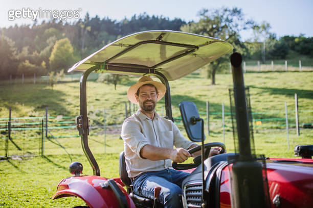 Farmer riding tractor on field. Harvesting crops, collecting vegetables ...