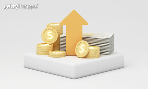 Upward financial growth with stacked coins, cash, and rising arrow ...