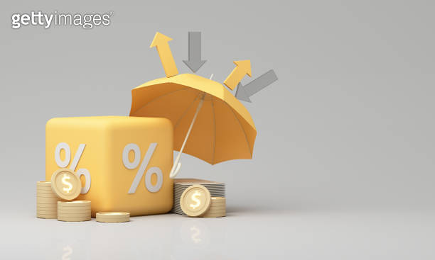 Yellow percentage block, coins, and an umbrella with arrows above ...