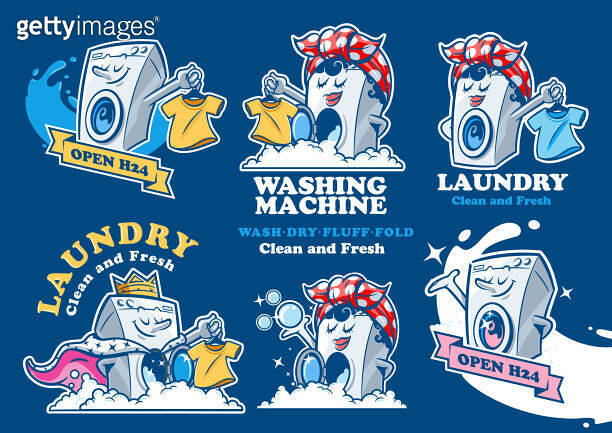 cartoon laundry business washing machine mascot logos set (1999715838 ...