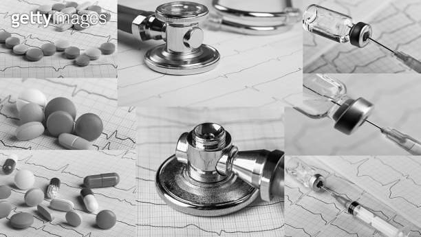 collage of medical tablets and ampules with a medical syringe ...