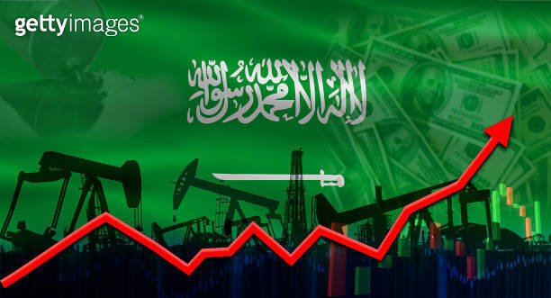 Oil pumps with Saudi flag. Oil production with Saudi Arabia flag ...