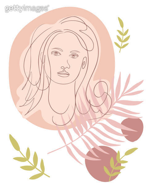 Boho Style Line Art Woman With Leaves And Abstract Shapes 이미지 ...