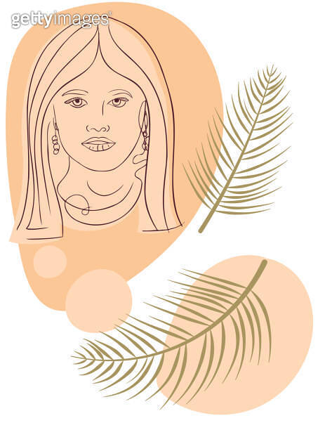Boho Style Line Art Woman With Leaves And Abstract Shapes 이미지 ...