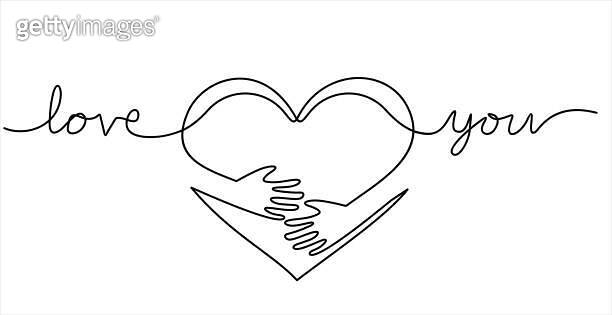 continuous line drawing of hand hugging heart, hug with inscription ...
