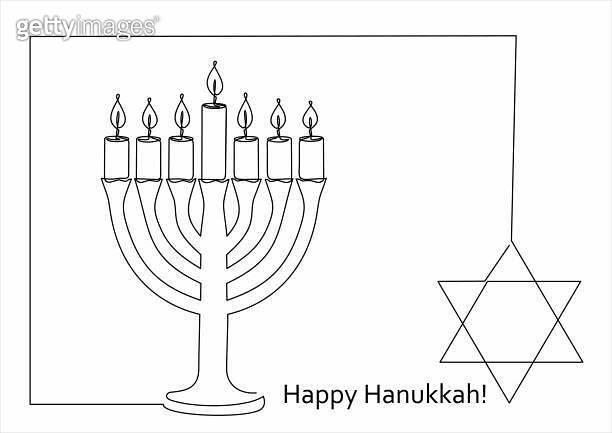 Happy Hanukkah. Menorah one line drawing. Continuous one single line ...