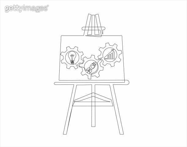 Continuous line drawing of Easel on which a lights bulb, rocket launch ...