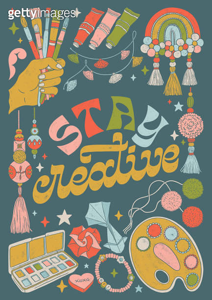 Stay creative - colorful hand written lettering with school supplies ...