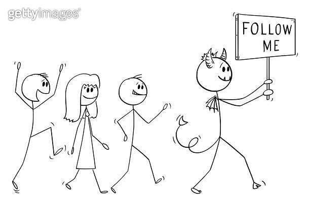 Devil Walking With Follow Me Sign, Vector Cartoon Stick Figure ...
