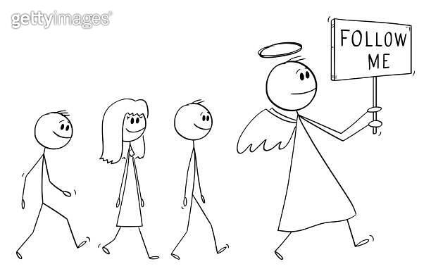 Angel Walking With Follow Me Sign, Vector Cartoon Stick Figure ...